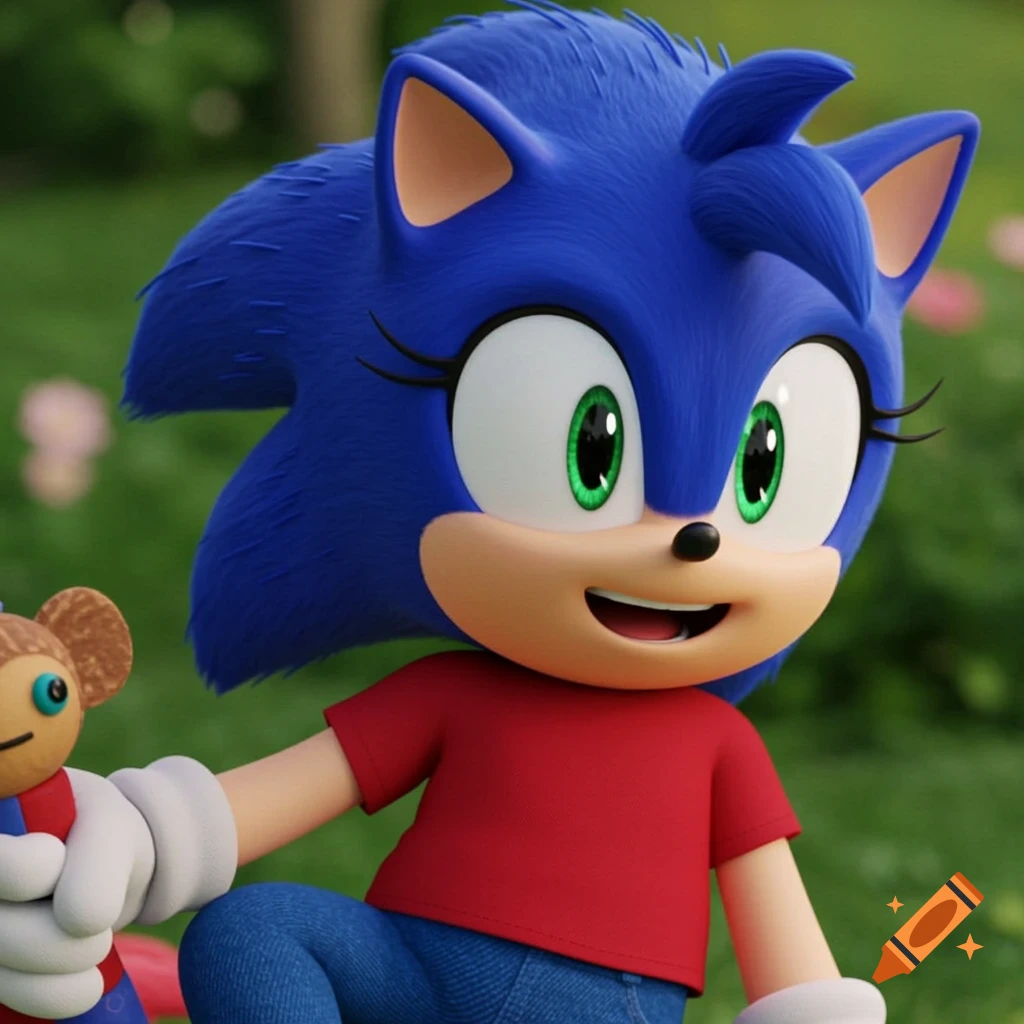 Cartoon child character resembling Sonic, smiling and holding a toy in a grassy setting on Craiyon