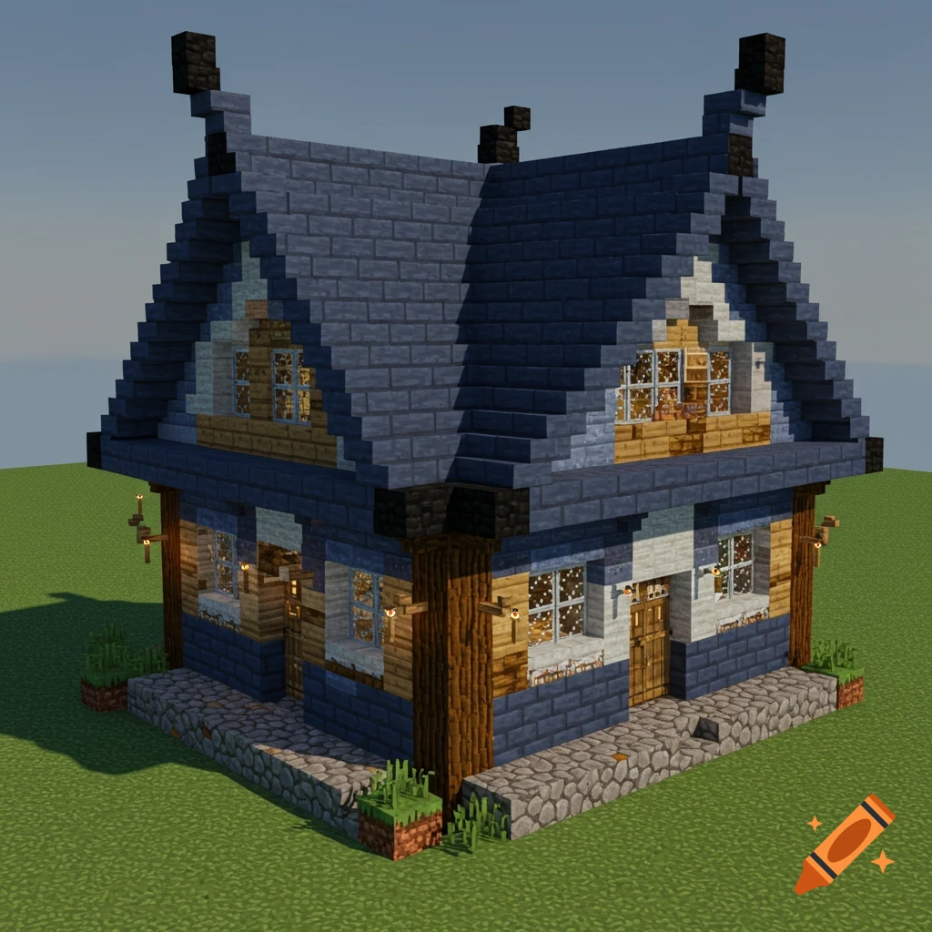Minecraft house with blue wood and deepslate accents on Craiyon