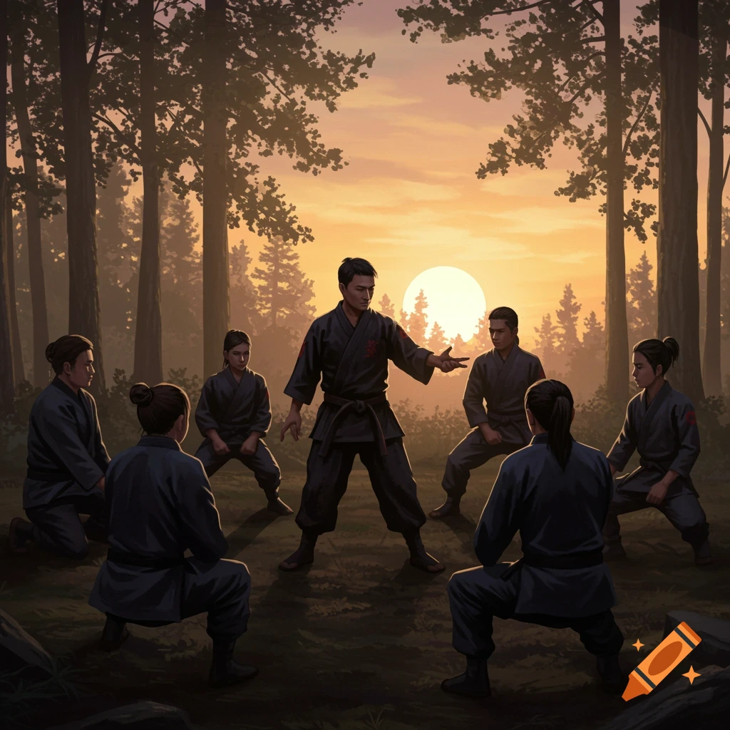 Shaolin monks practice martial arts in a sunlit bamboo forest. on Craiyon