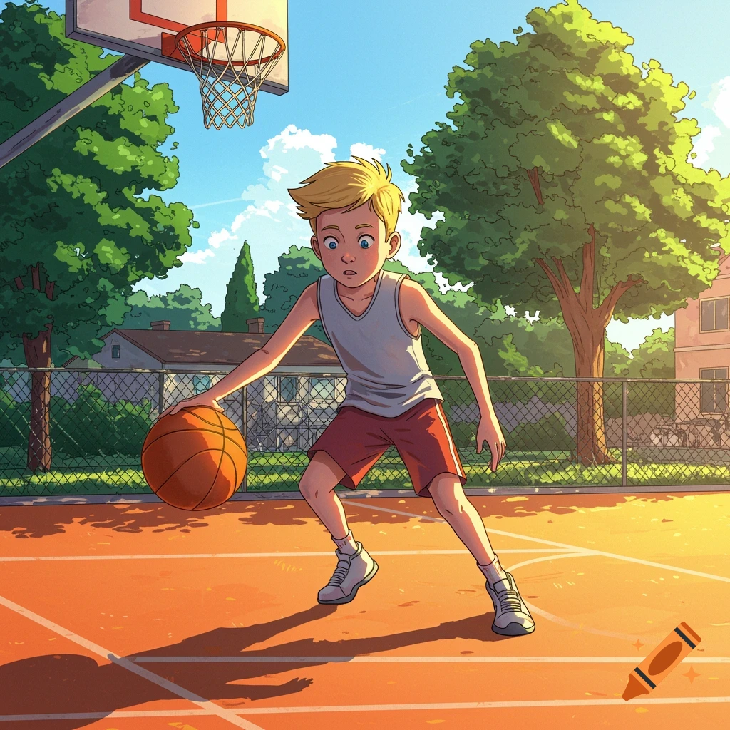 Skinny white kid playing basketball on Craiyon