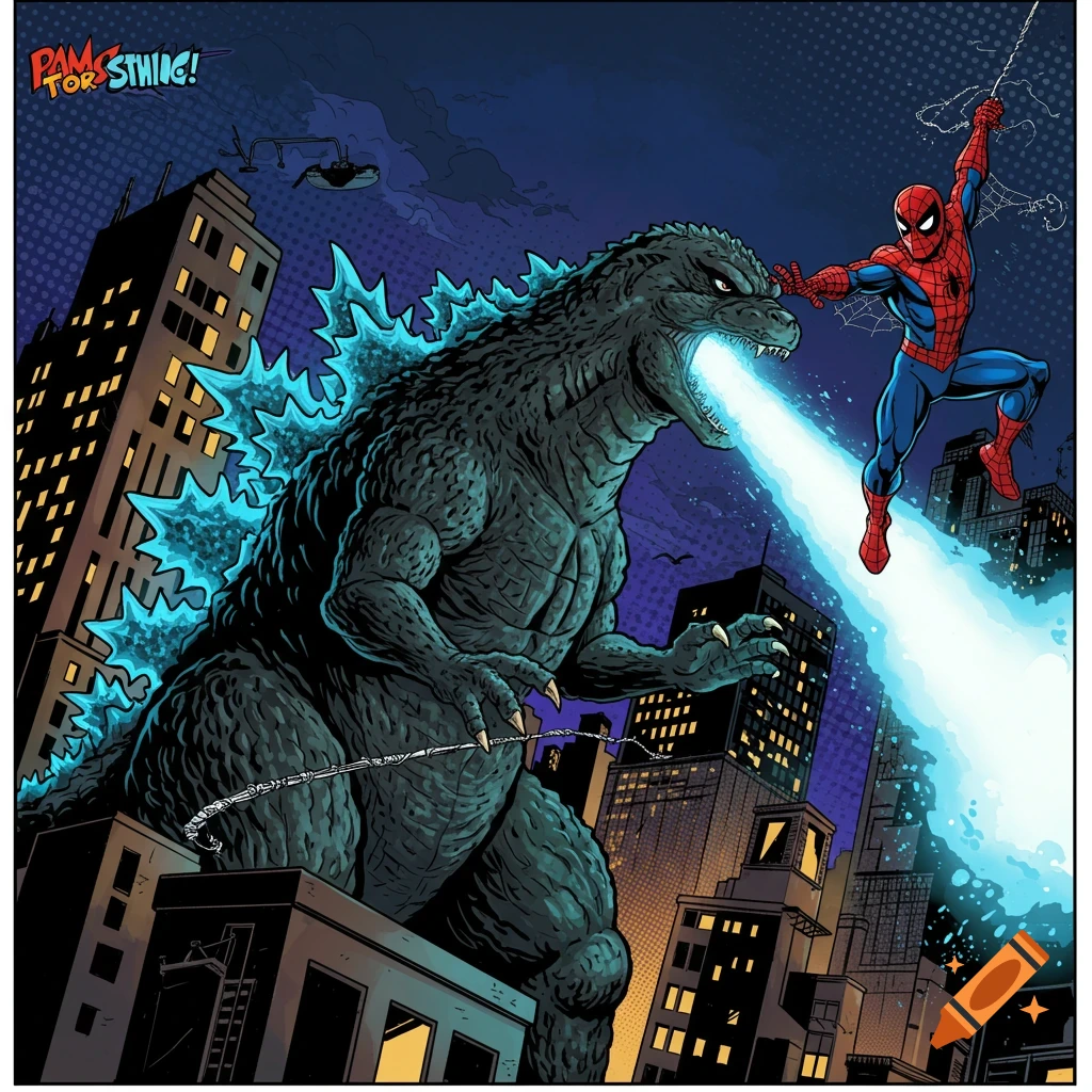 Comic art of Spiderman swinging towards Godzilla firing a blue energy beam in a city. on Craiyon