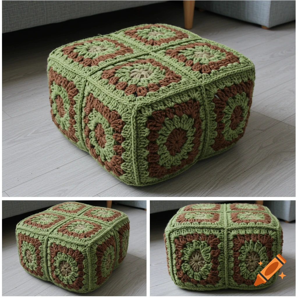 Photorealistic crochet floor pouf with green and brown granny squares ...