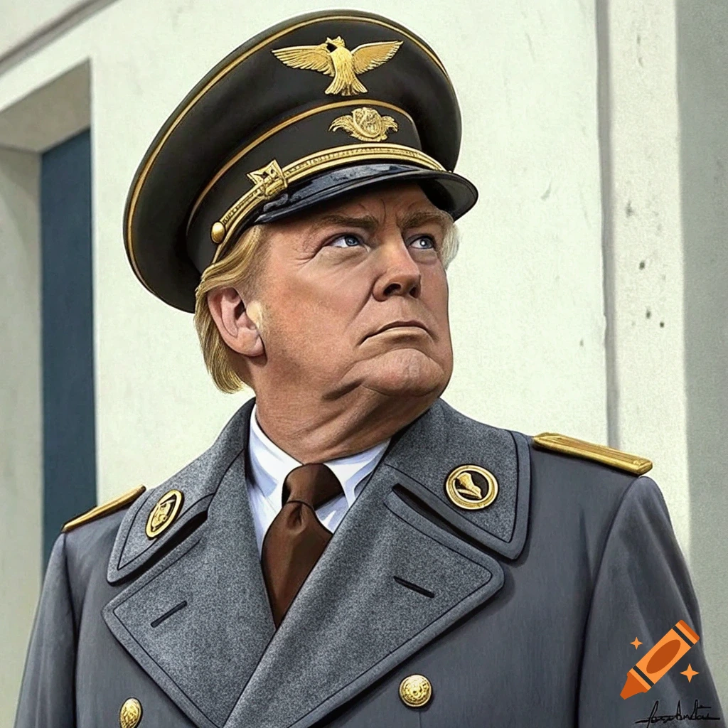 Portrait of Donald Trump wearing a military uniform and hat, looking ...