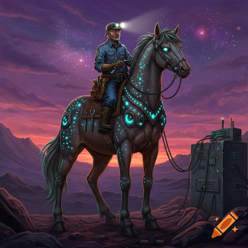 A man riding a glowing horse in an alien landscape with a machine. on ...