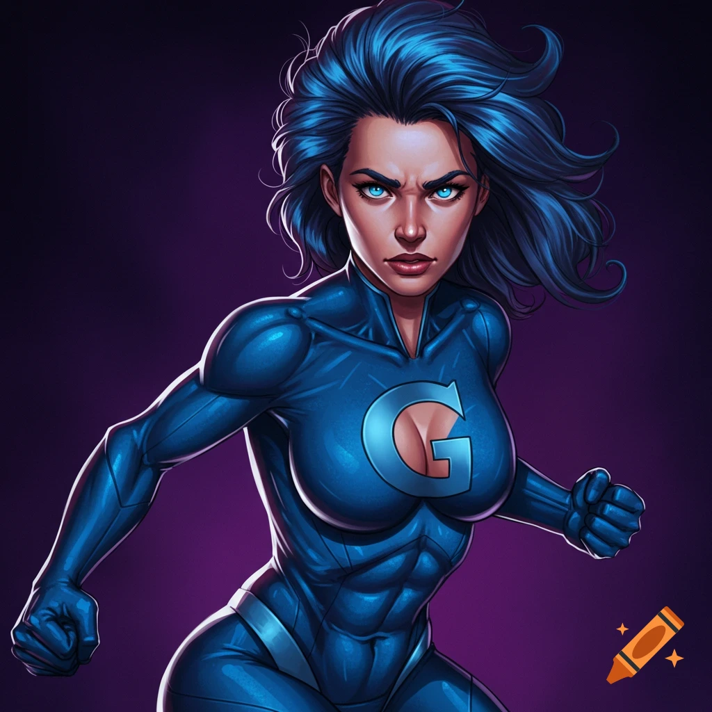Female superhero with blue hair flies through space, energy radiating from her hands. on Craiyon