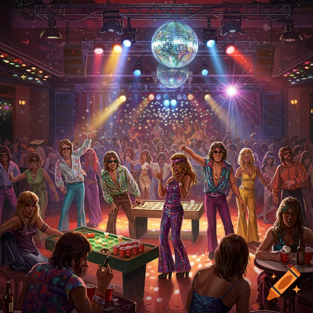 A crowded disco party with a mirrored ball, dancers, and people playing ...