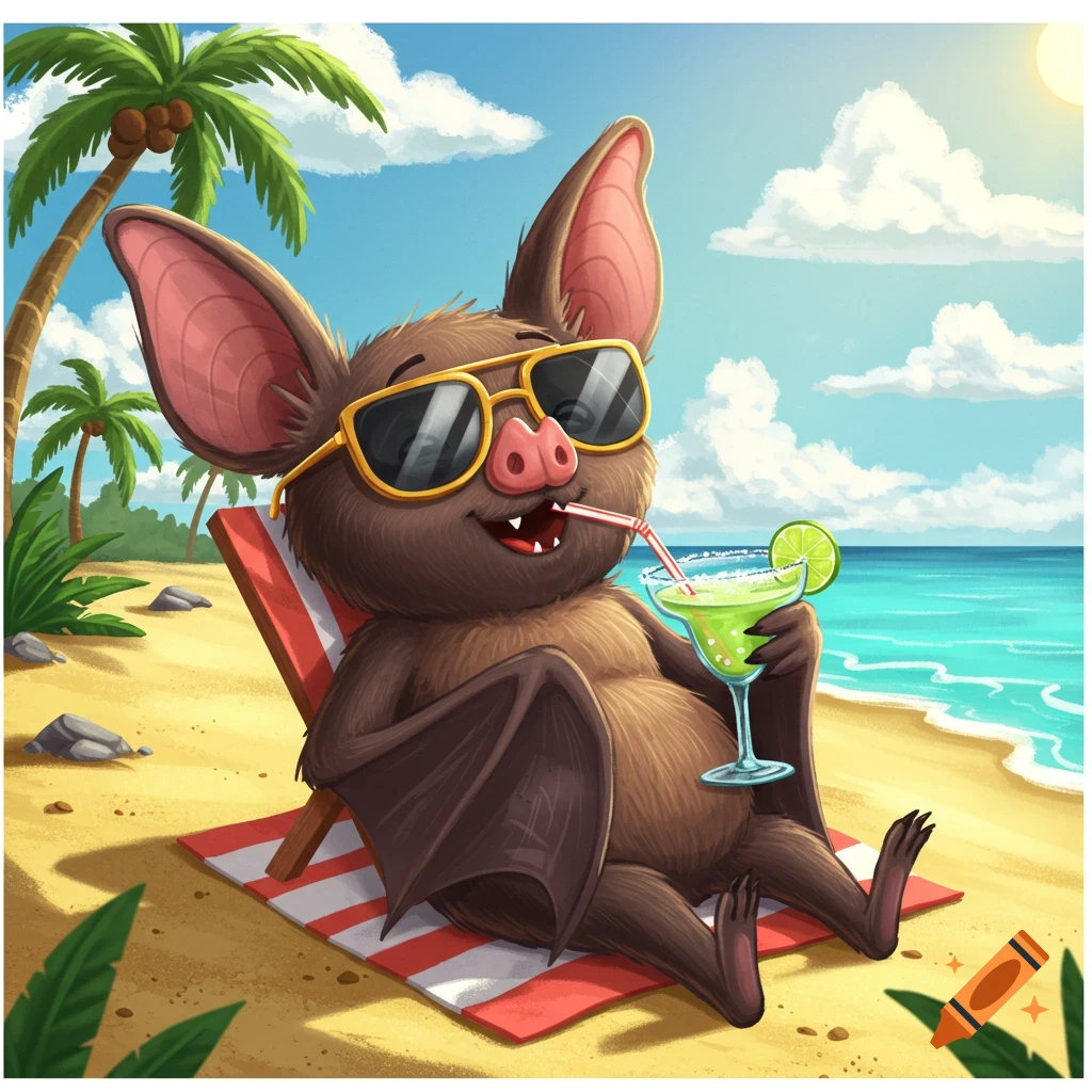 Cartoon bat in sunglasses with a margarita on a beach on Craiyon