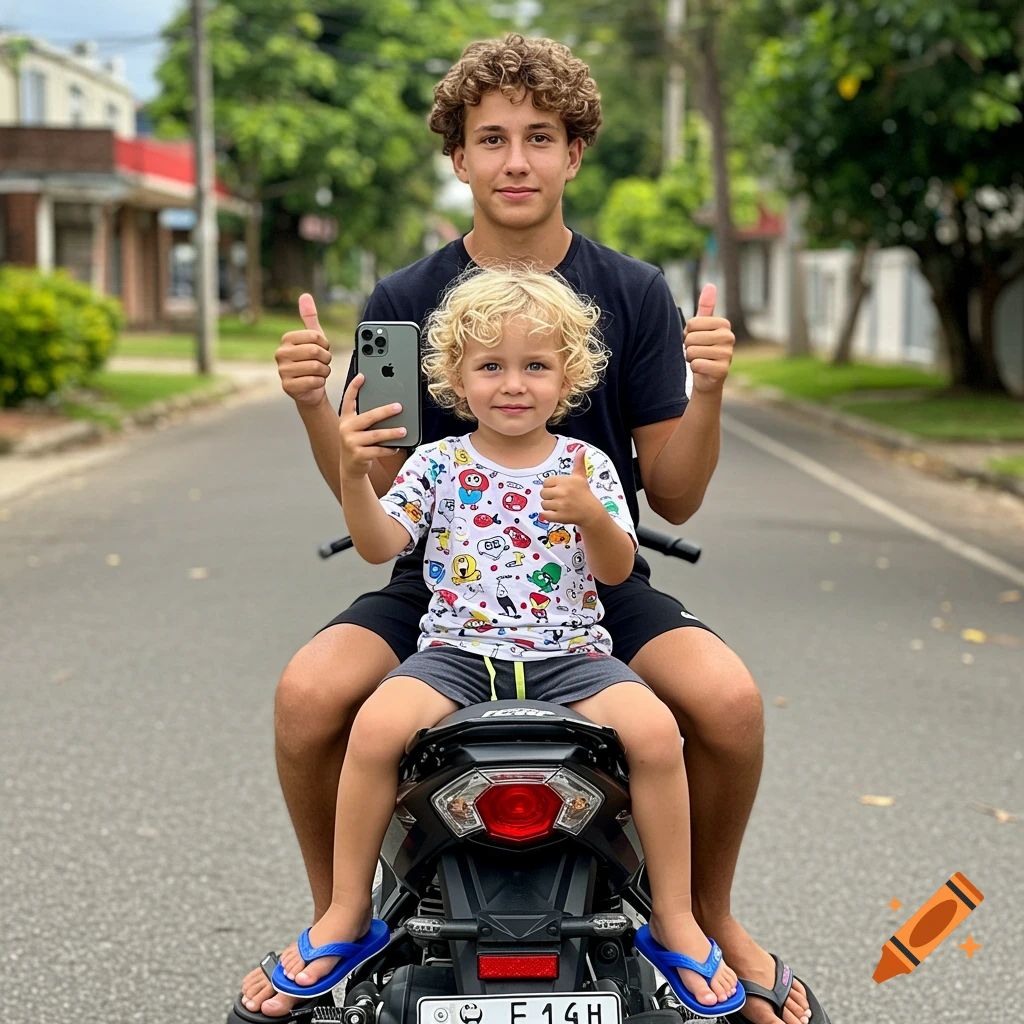 Brazilian toddler and older brother on a motorcycle on Craiyon