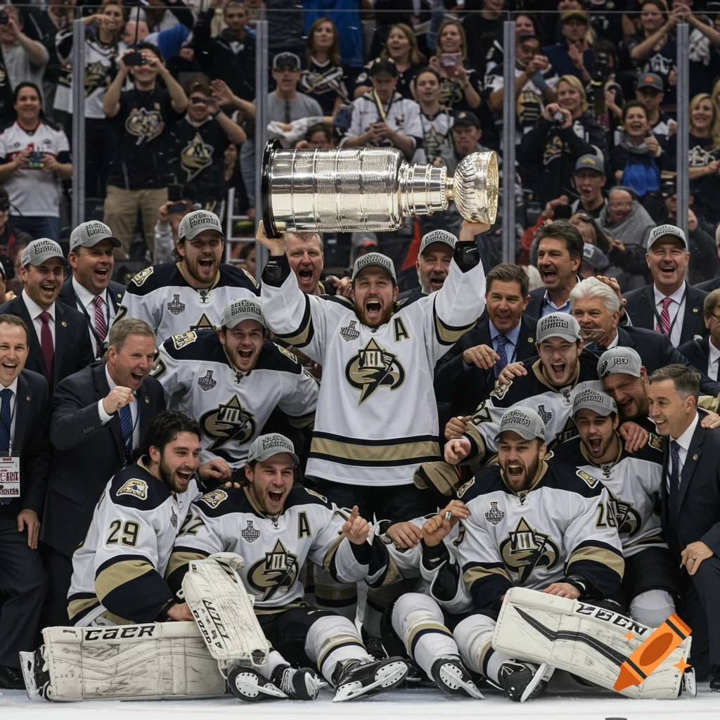 Hockey team players and staff celebrate on the ice, holding the Stanley ...