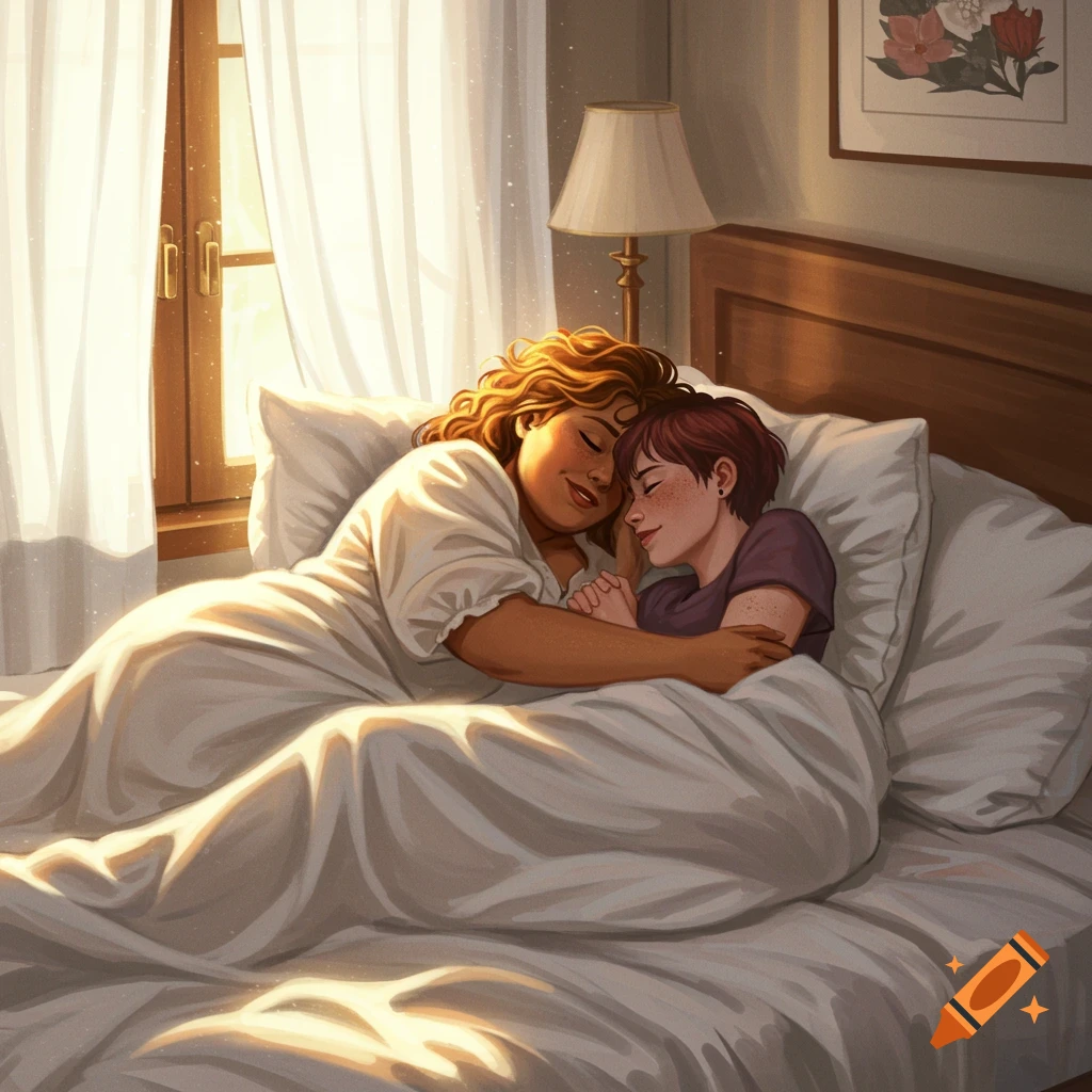 Two women in a gentle morning embrace, soft lighting on Craiyon