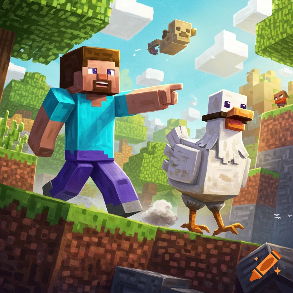 Steve pointing at a chicken and zombie in a blocky Minecraft world. on ...