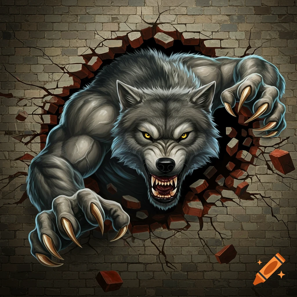 3D render of a wolf tearing through a wall on Craiyon
