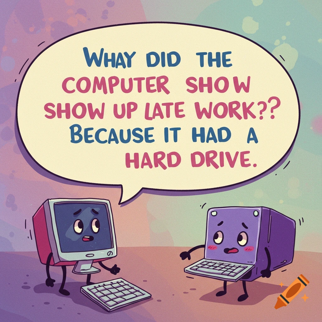 Joke about a computer being late because it had a hard drive on Craiyon
