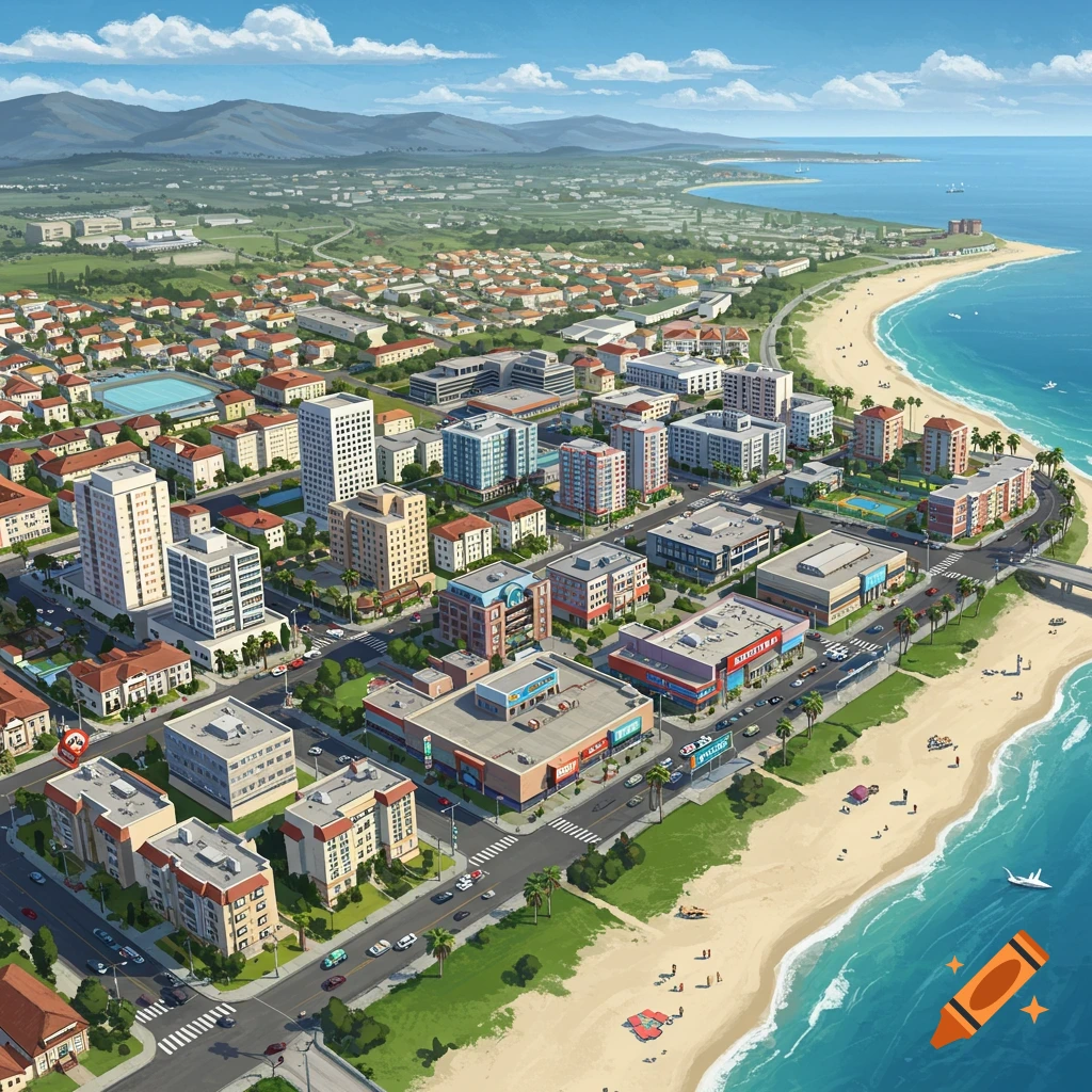 City of Oceanside cityscape with apartment buildings, shopping center ...