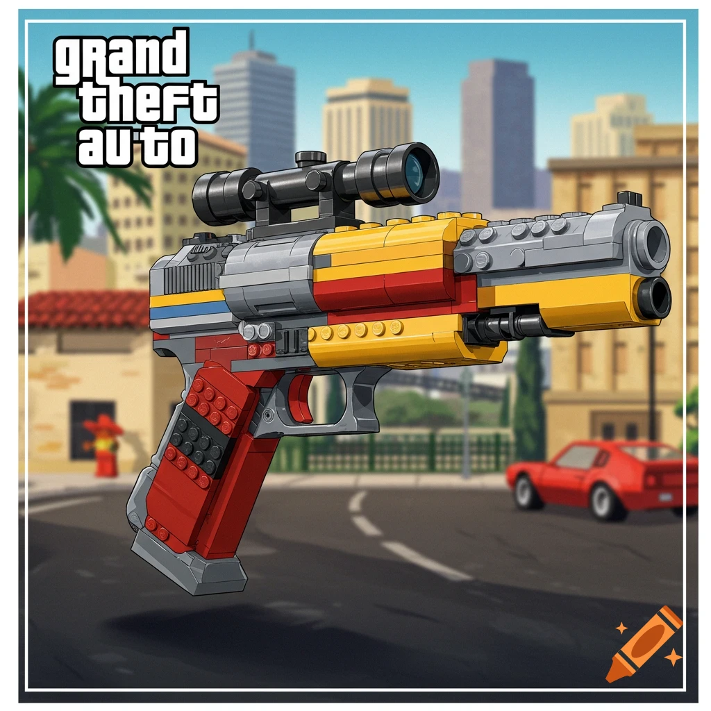 A LEGO style gun with a scope floating above a Grand Theft Auto street ...
