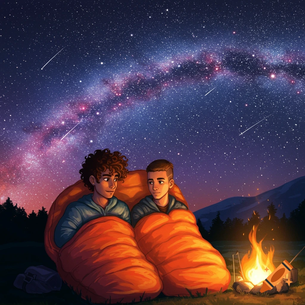 Two people in sleeping bags by a campfire under a starry night sky with ...