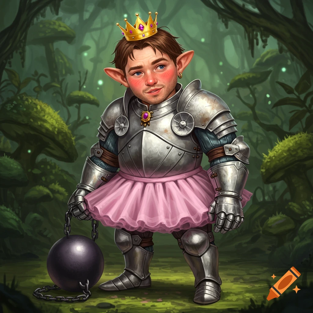 Halfling in silver armor, tutu, and princess hat holding a ball and ...