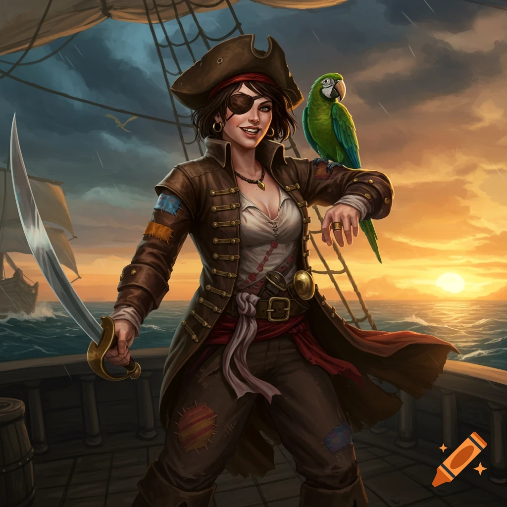 A female pirate with a sword stands on a ship deck at sunset. on Craiyon