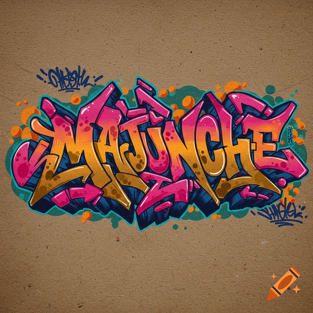 Wildstyle graffiti art spelling MAJUNCHE on a brown textured background ...