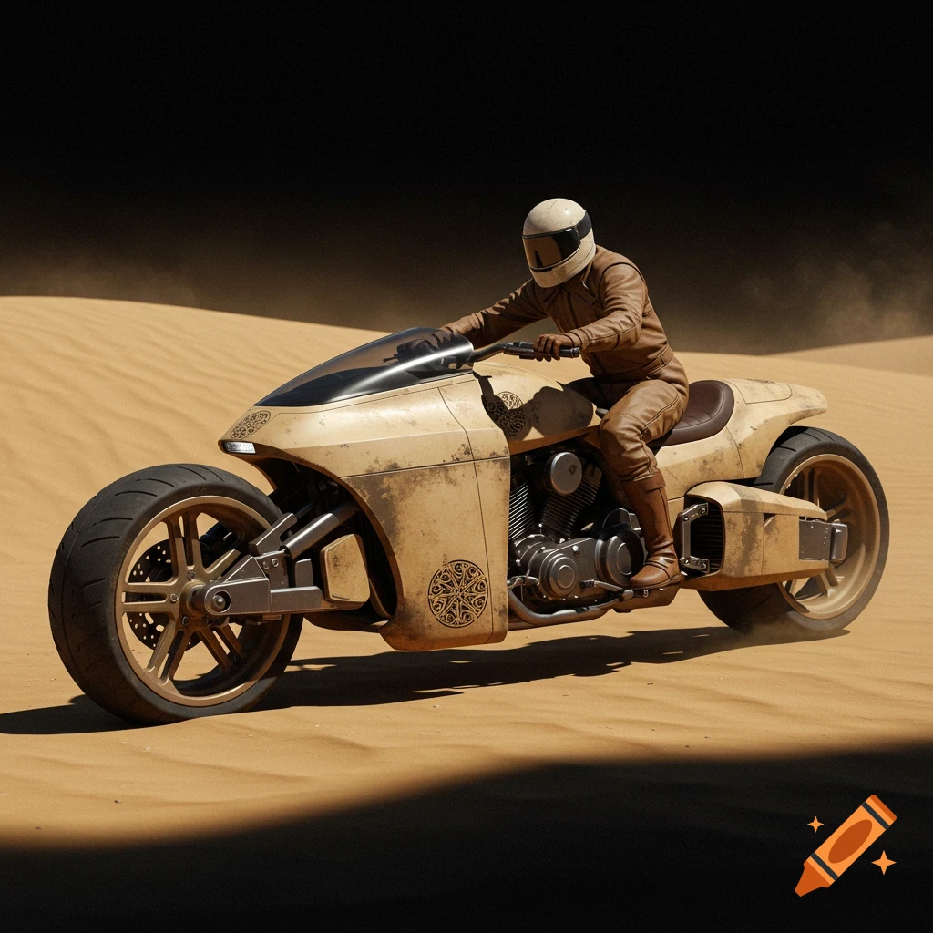 Person riding a futuristic motorcycle in a desert. on Craiyon