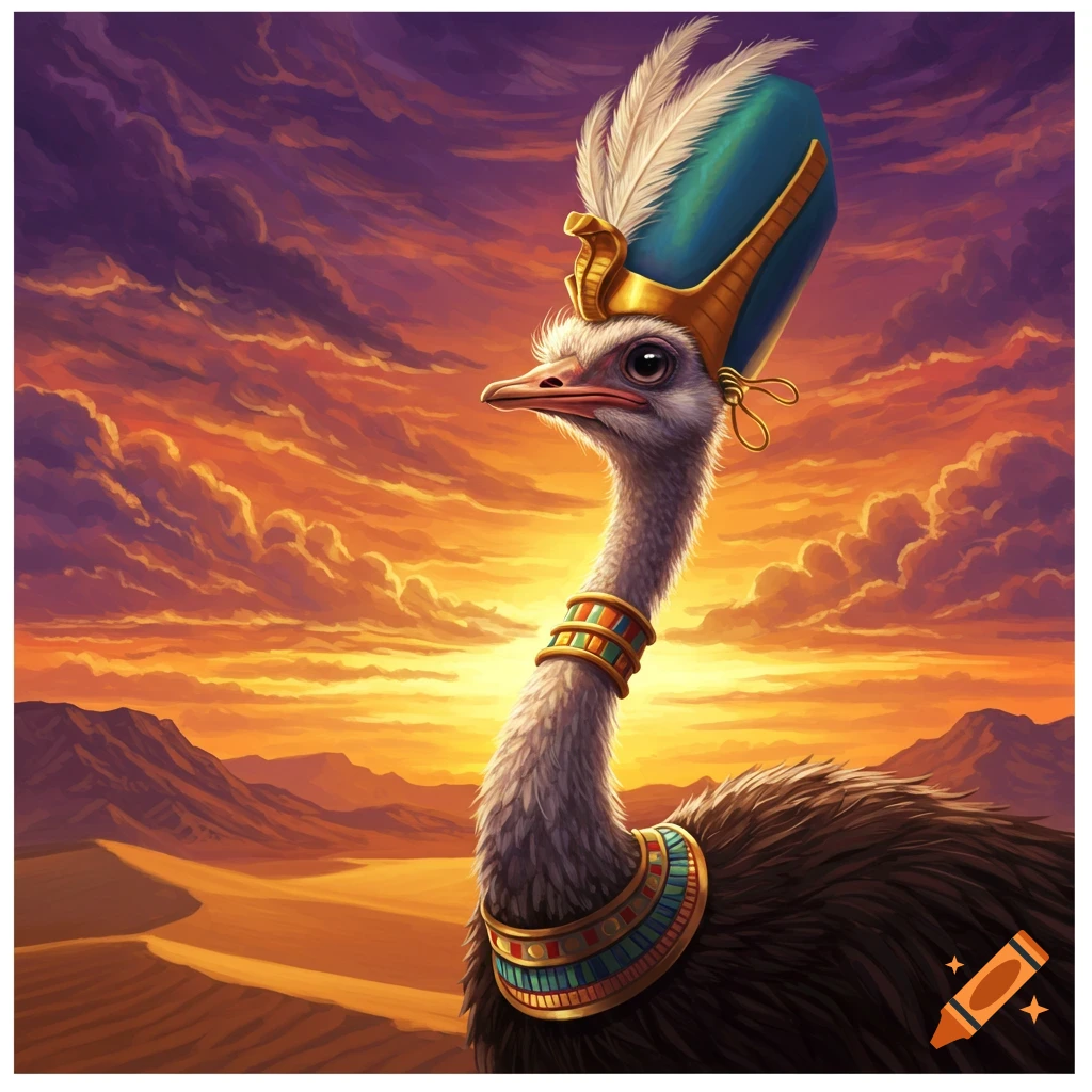 An ostrich god in ancient Egyptian regalia against a desert sunset. on ...