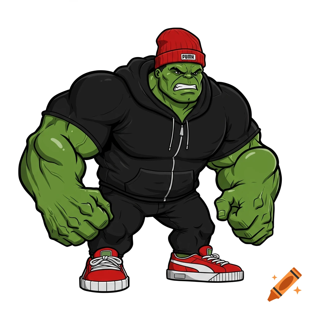 Cartoon of muscular Hulk with red beanie and hoodie on Craiyon