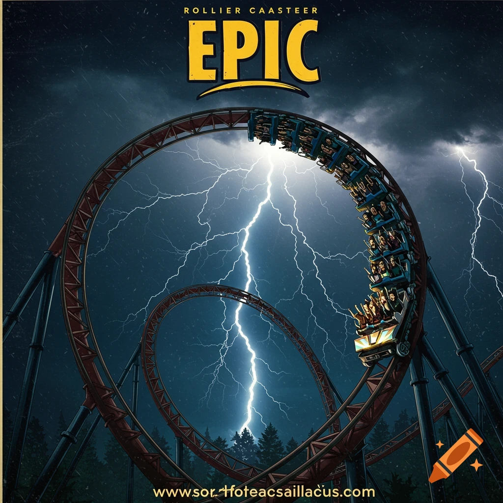 Epic roller coaster poster with lightning and loop on Craiyon