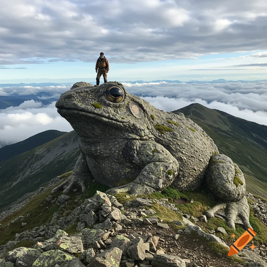 Man on a frog-shaped mountain on Craiyon