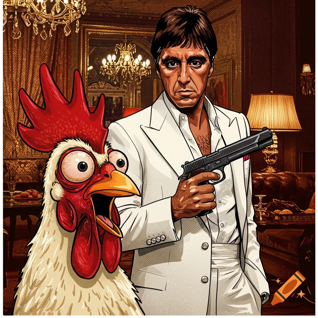 Scarface with a Chicken saying “Say hello to my little friend” on Craiyon