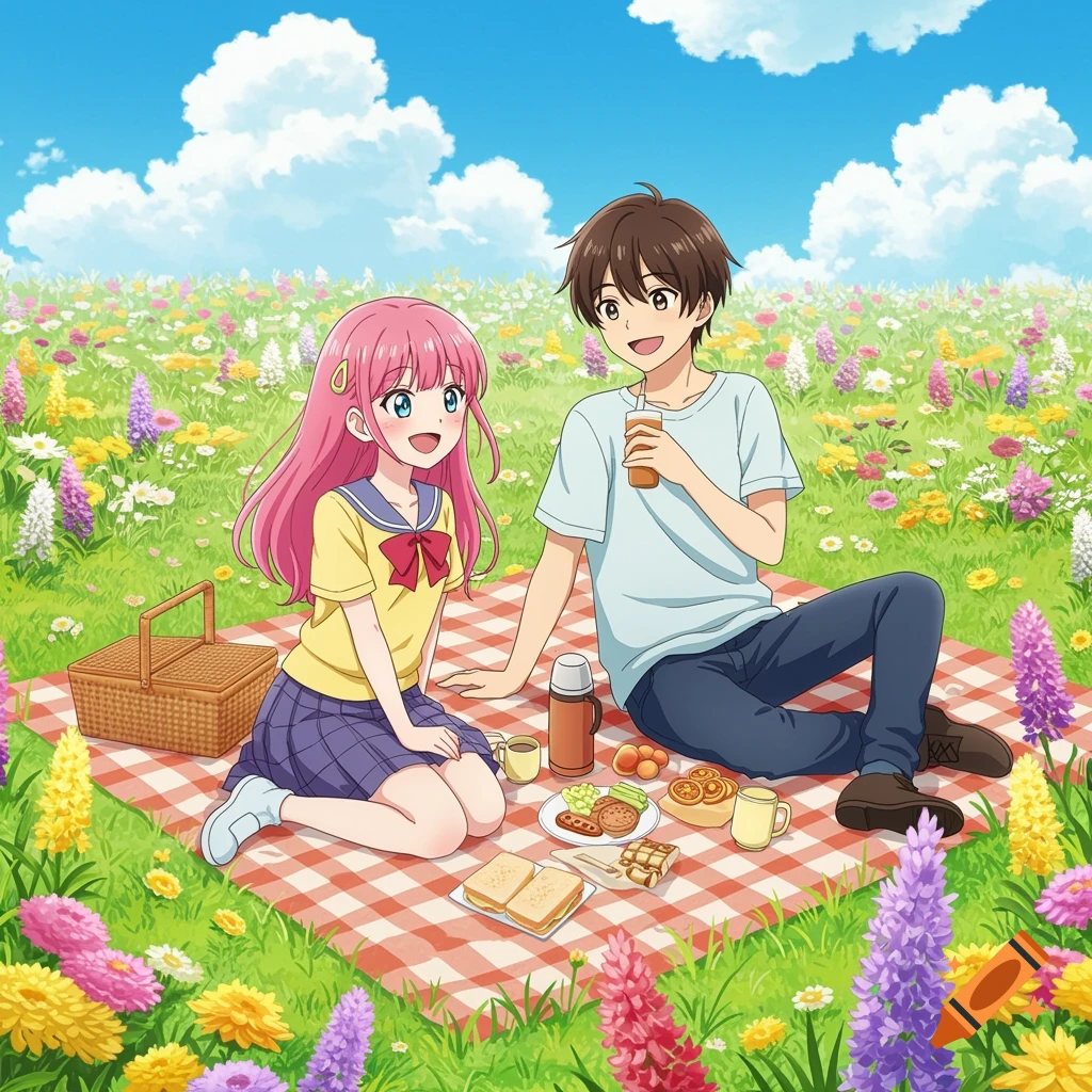 Cartoon of a young girl and guy on a picnic with flowers around them ...