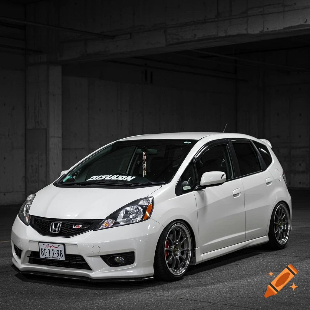 Taffeta white 2012 Honda Fit Sport lowered on coilovers with Volk te37c wheels on Craiyon