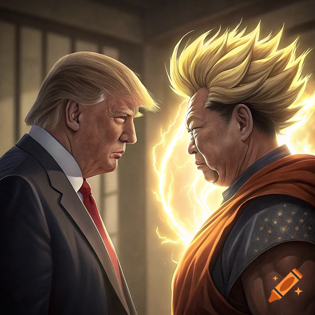 Trump and Xi Jinping with super saiyan aura, anime style on Craiyon