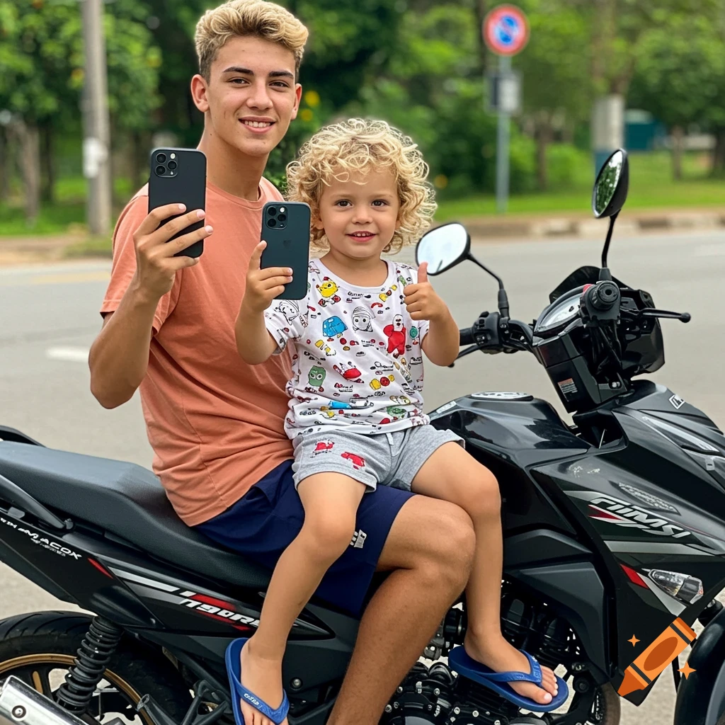 Brazilian toddler and older brother on a motorcycle on Craiyon