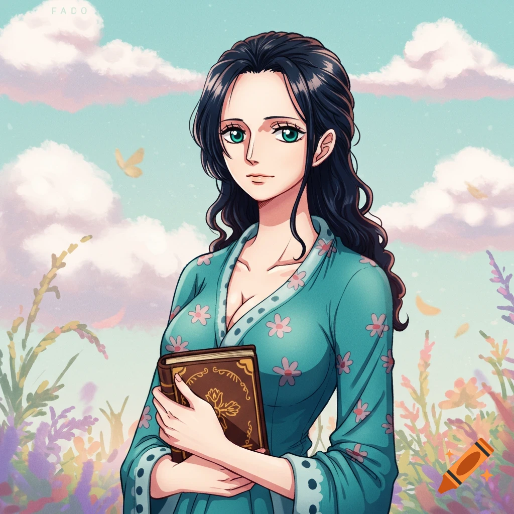 Anime illustration of Nico Robin holding a book in a field of flowers ...