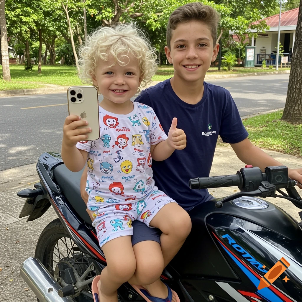 Brazilian toddler on motorcycle with older brother holding iPhone 15 ...