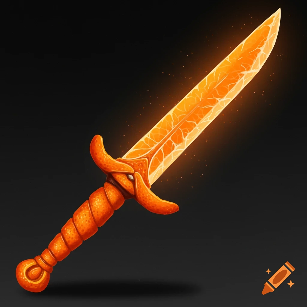 Stylized fantasy sword game icon with a glowing orange blade on Craiyon