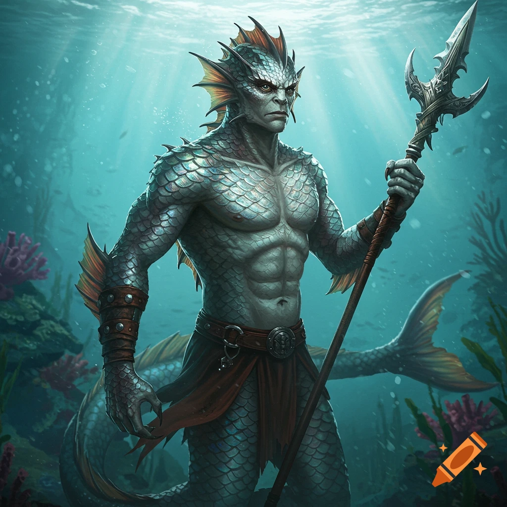 Fantasy Humanoid Fish Man Warrior With Spear created on Craiyon
