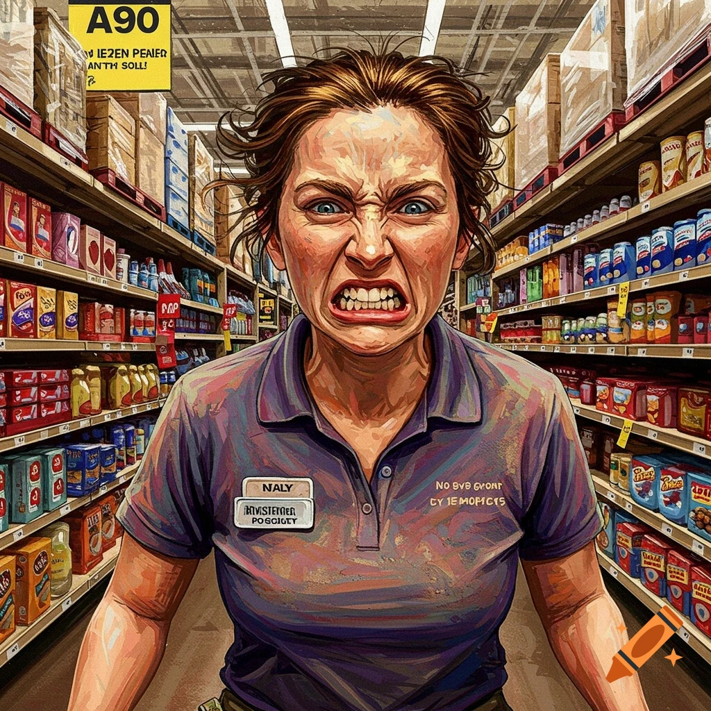 Rage-filled female store worker in a supermarket, impressionist ...