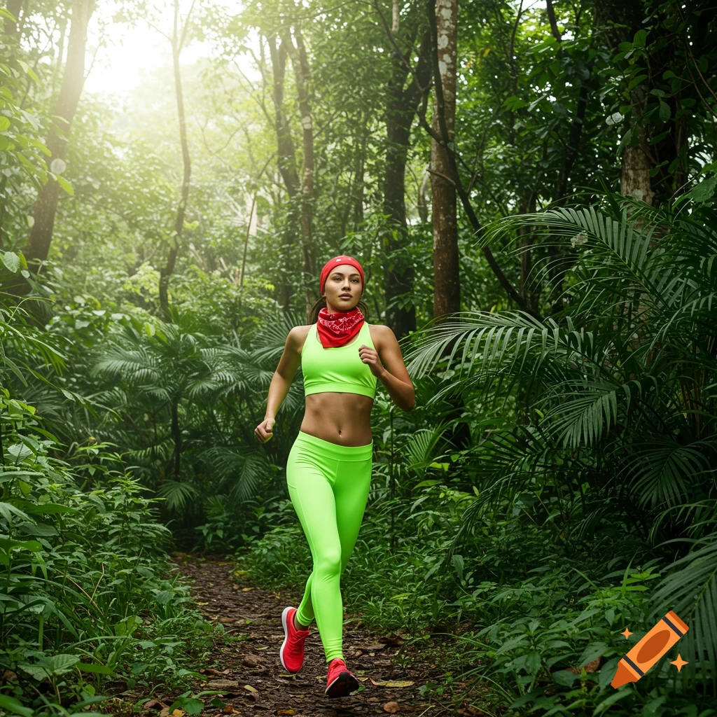 Woman jogging in jungle with red bandana around her neck, photograph ...