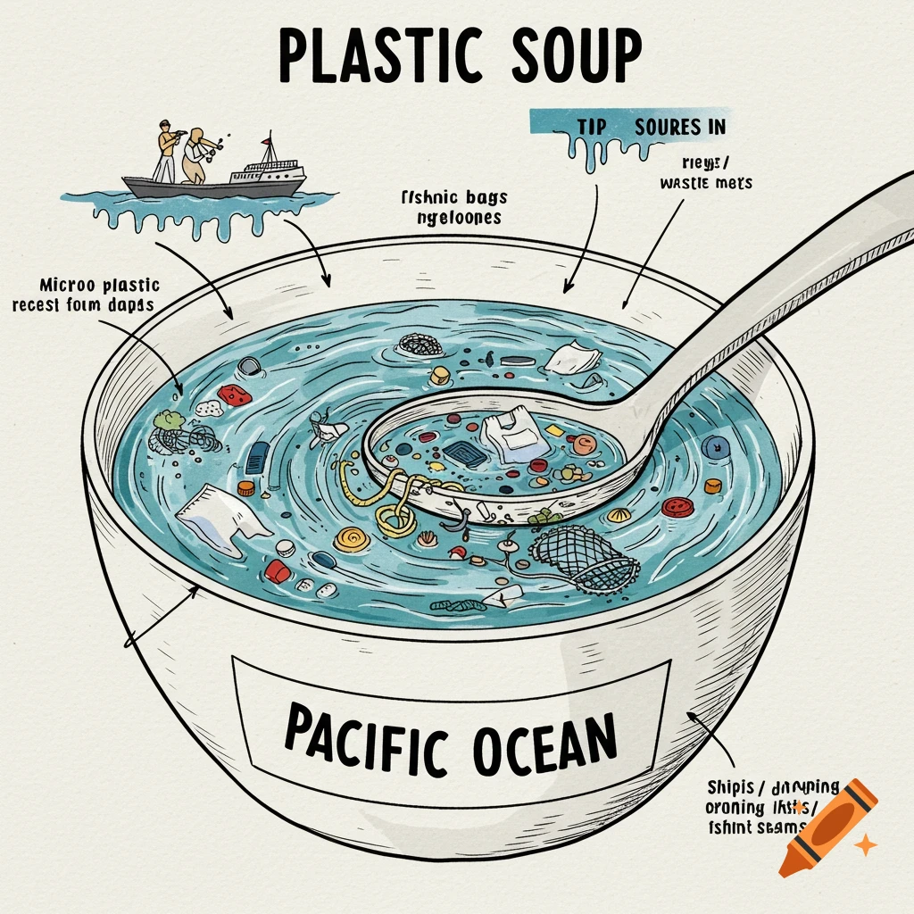 Diagram of 'Plastic Soup' in the Pacific Ocean, showing plastic waste ...