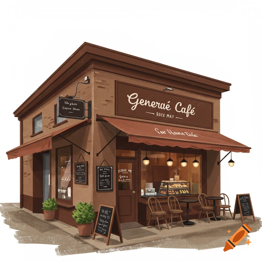 A digital illustration of a brown corner cafe with outdoor seating and ...