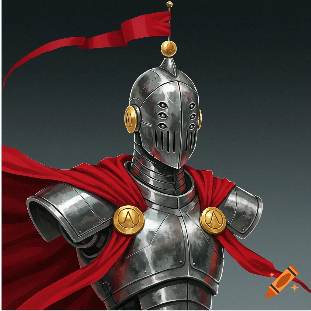 Metal god with red cape and flag on Craiyon
