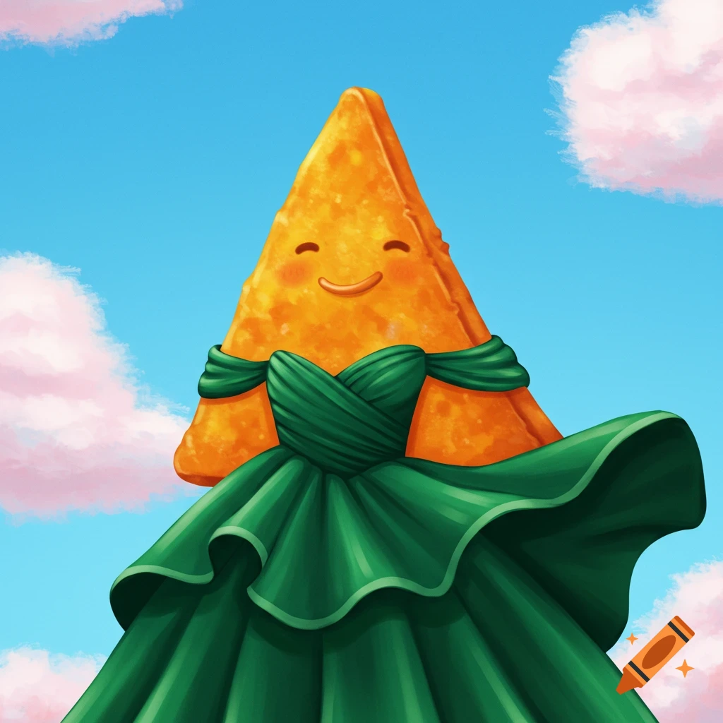 A cheerful, anthropomorphic dorito chip wearing a flowing green dress ...