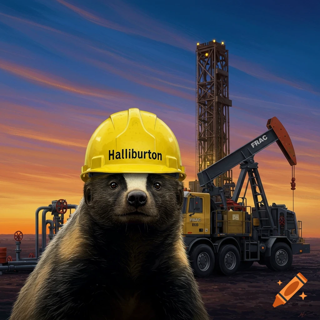 Honey badger wearing Halliburton hard hat with Frac pump truck on Craiyon