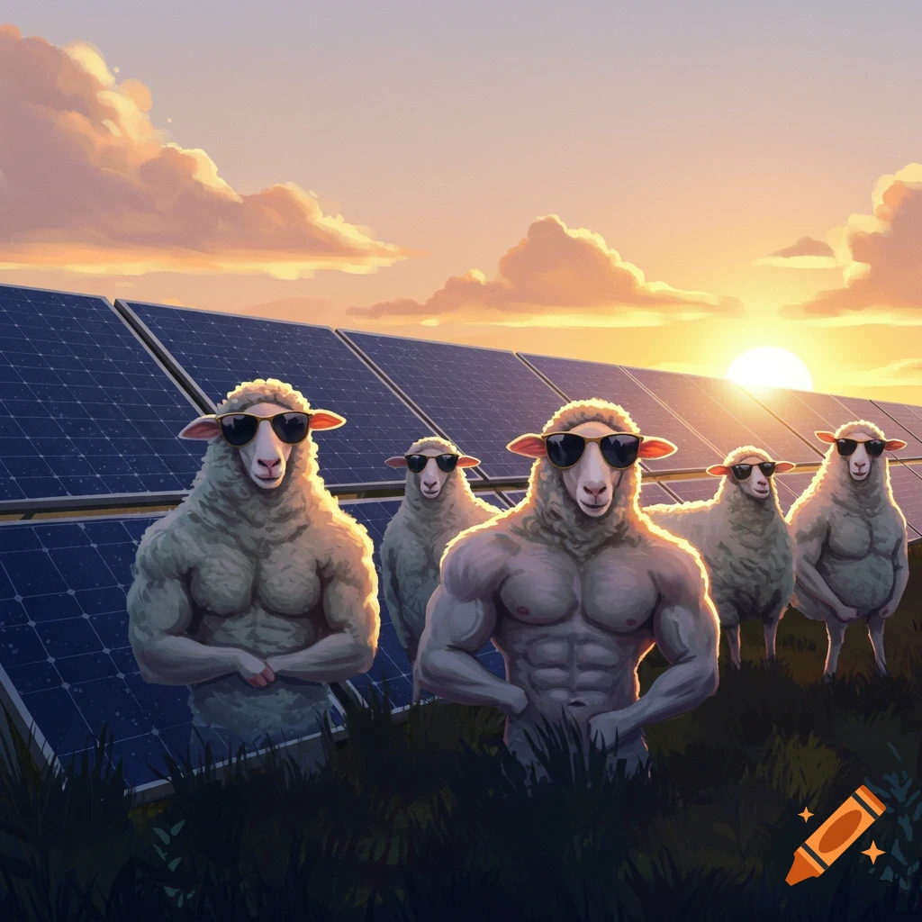 Buff sheep with sunglasses posing in front of solar panels at sunset on Craiyon