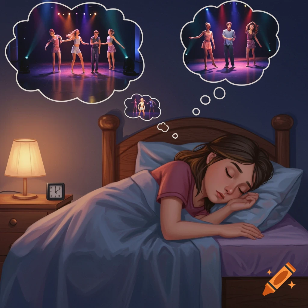 Animated girl sleeping, dreaming of dancing with friends on Craiyon