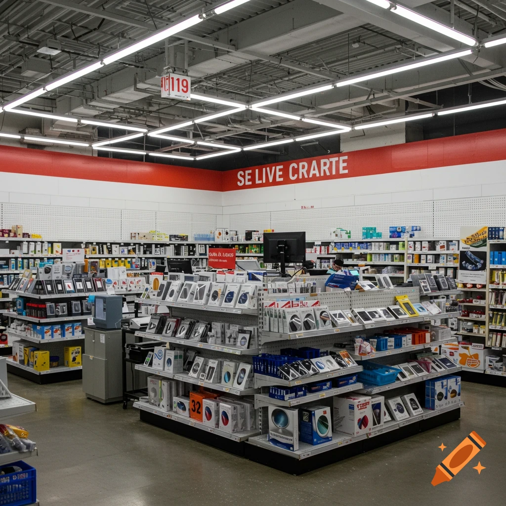 Interior view of a tech store with rows of shelves filled with ...