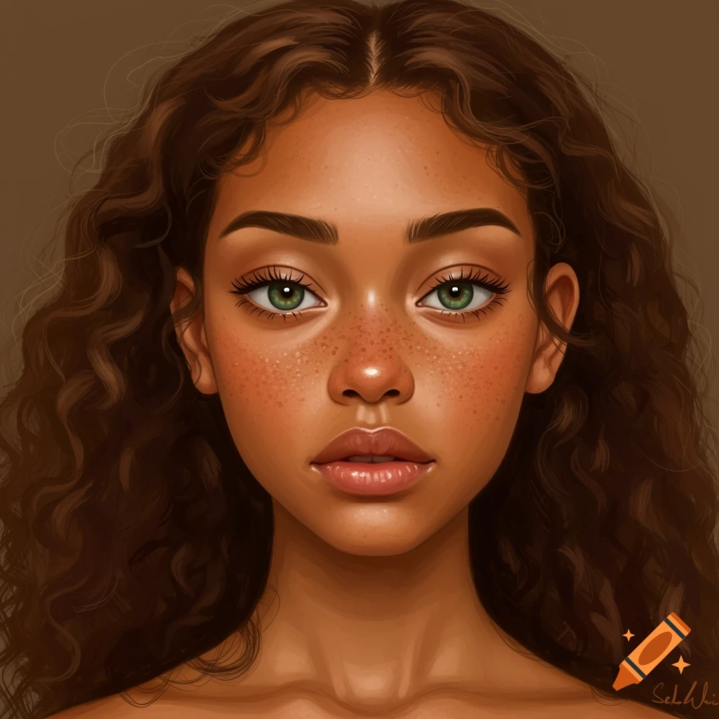 Girl with umber skin, curly brown hair, and green eyes on Craiyon