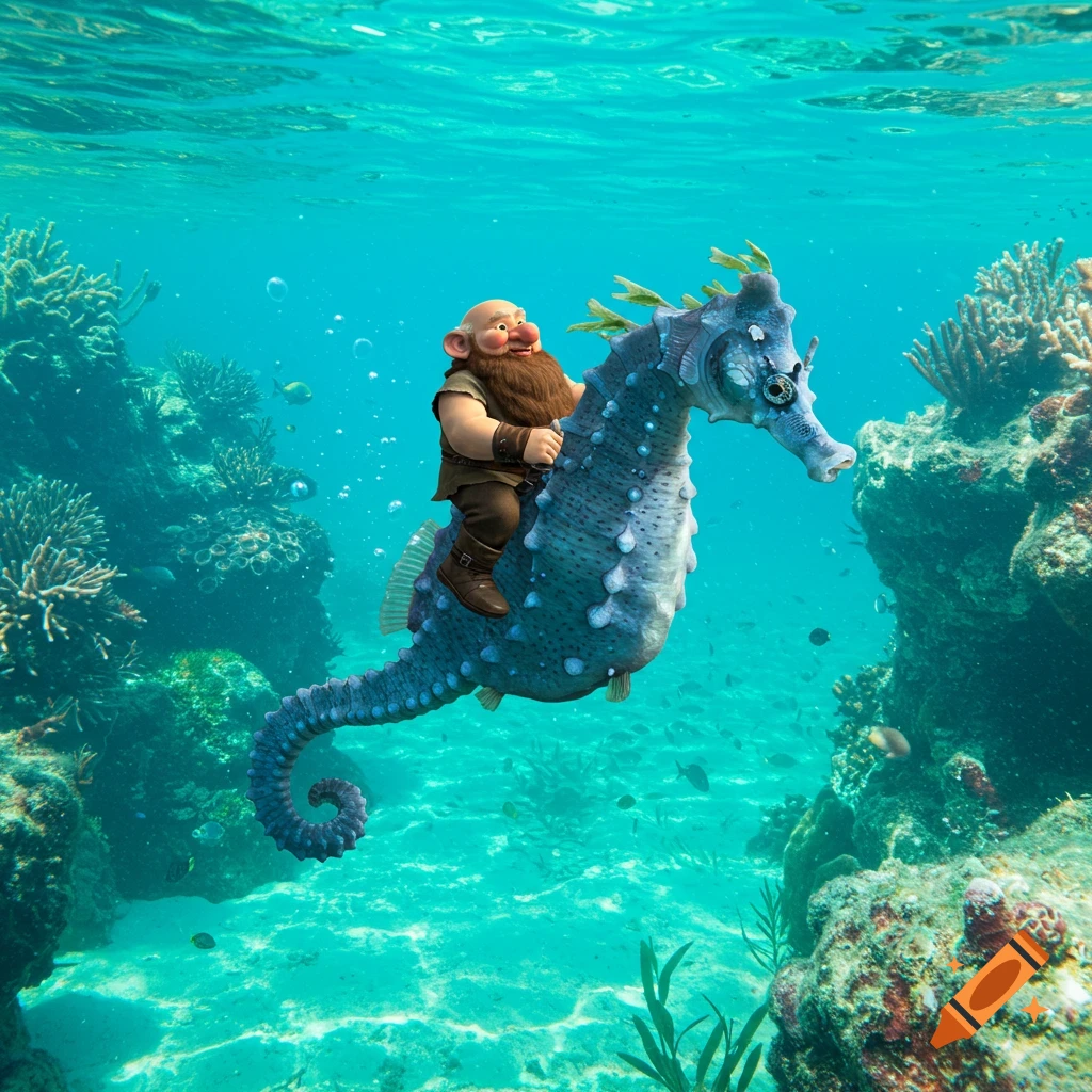 A cartoon dwarf rides a large blue seahorse underwater near coral reefs ...