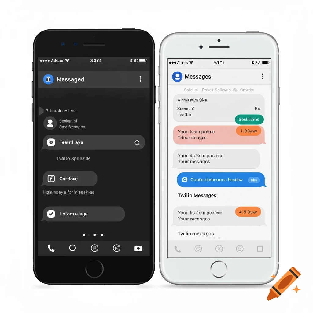 Android and iPhone screens showing Twilio messages on Craiyon